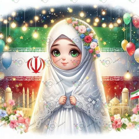 بک گراند کودکانه دختر ناز و با حجاب ایرانی با پس زمینه مسجد و پرچم ایران کد 42990 ویژه عکس گراف