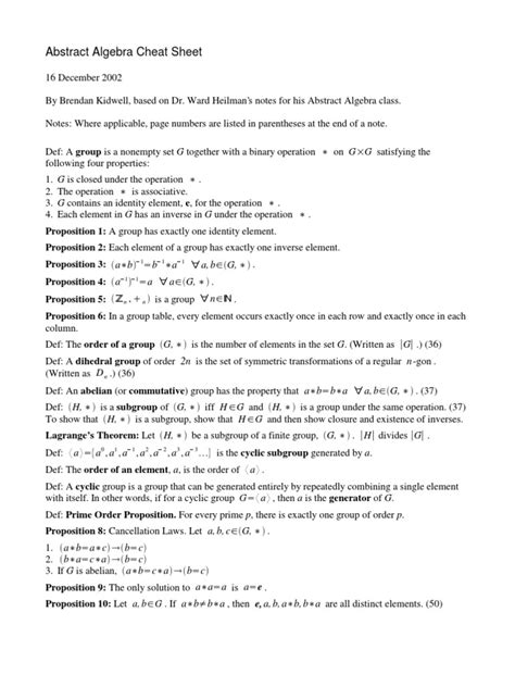 Abstract Algebra Cheat Sheet Group Mathematics Matrix Mathematics