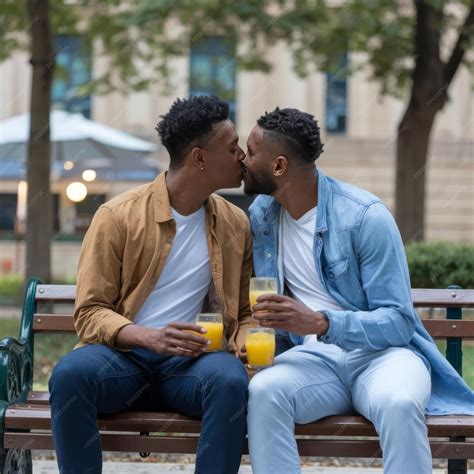 Portrt Of Happy African Gay Couple Kissing On Bench Premium Ai Generated Image