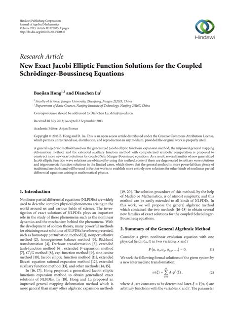 Pdf New Exact Jacobi Elliptic Function Solutions For The Coupled Schrödinger Boussinesq Equations