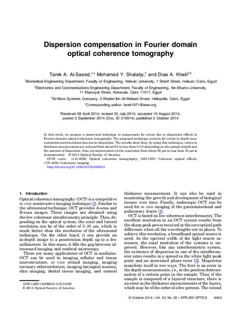 Pdf Dispersion Compensation In Fourier Domain Optical Coherence