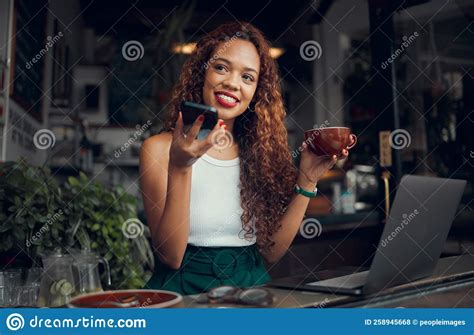 Microphone Phone And Woman At Cafe Using Voice Recognition Recording And Loudspeaker For An