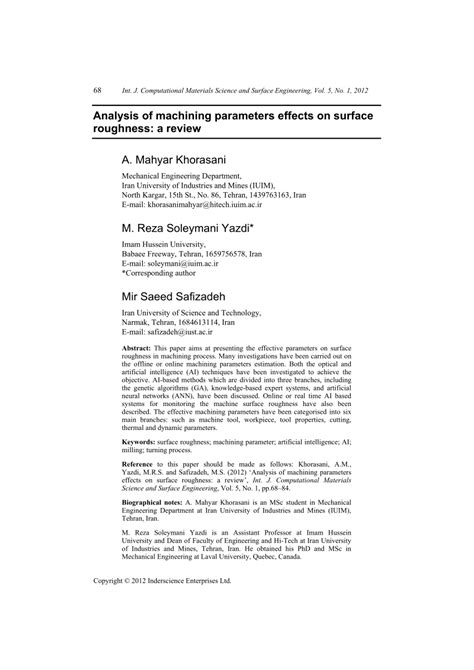 Pdf Analysis Of Machining Parameters Effects On Surface Roughness A Review