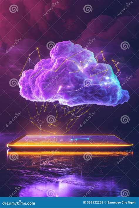 Futuristic Cloud Computing Concept With Neon Lights And Digital Connections On A Tablet Stock