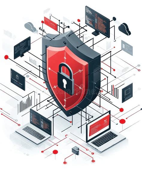 Protect Your Digital Fortress With A Red Shield Surrounded By Cybersecurity Devices For Ultimate