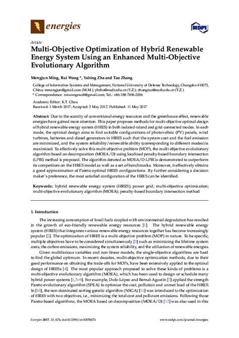 Pdf Multi Objective Optimization Of Hybrid Renewable Energy System Using An Enhanced Multi