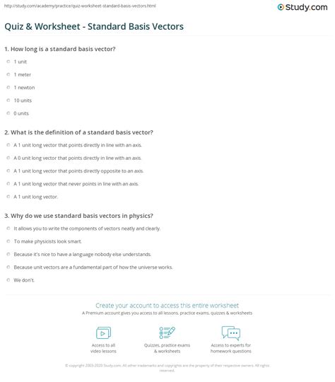Quiz And Worksheet Standard Basis Vectors