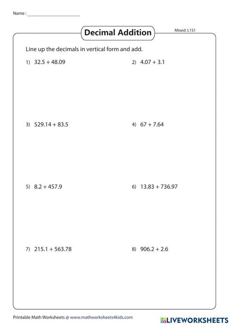 Decimal Addition 0959 Grayeskic Live Worksheets