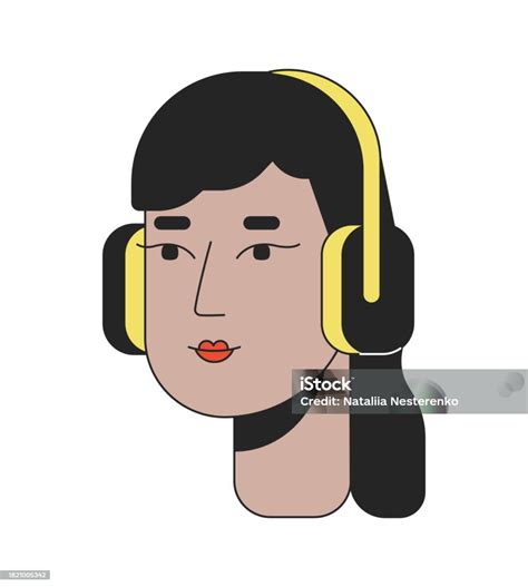 헤드폰을 착용 한 현대 인도 소녀 2d 선형 만화 캐릭터 머리 젊은 여자가 음악을 듣고 고립된 선 벡터 사람 얼굴 흰색 배경