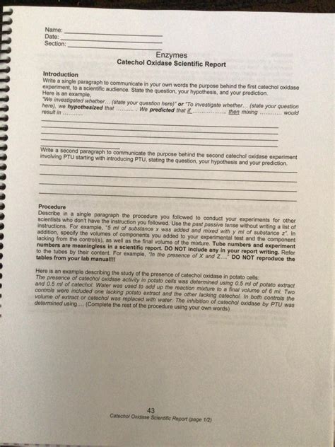 Name Date Section Enzymes Catechol Oxidase