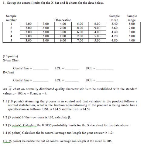 solved 1 set up the control limits for the x bar and r