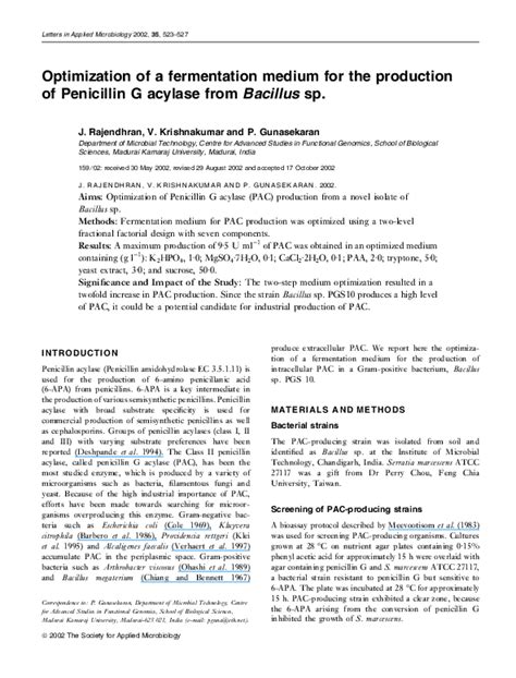 Pdf Optimization Of A Fermentation Medium For The Production Of Penicillin G Acylase From