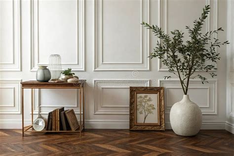 Classic White Wall With Brown Parquet Floor And Home Furniture Stock
