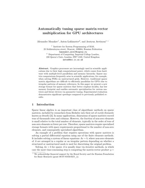 Pdf Automatically Tuning Sparse Matrix Vector Multiplication For Gpu