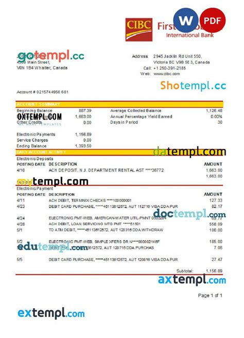 Doctempl Canada Cibc Bank Statement In Word And Pdf Format Page 1