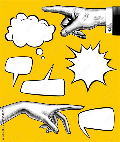 Black And White Engraved Drawing Of Male And Female Hands Pointing With The Index Finger And Set