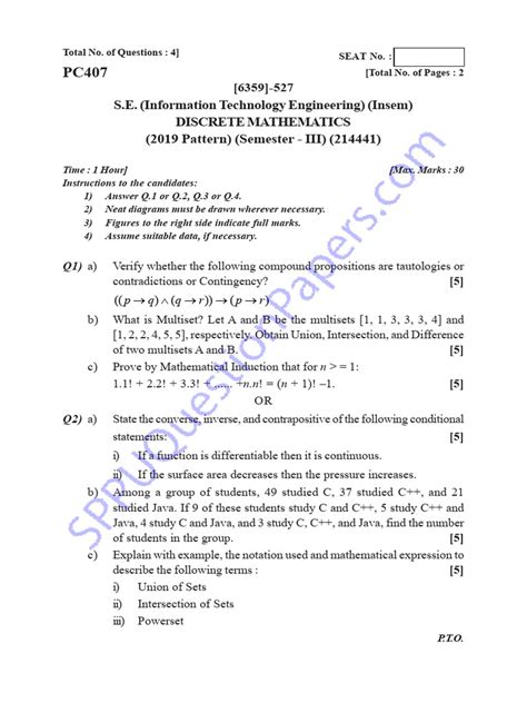 Be Information Technology Engineering Semester 3 2024 October Discrete Mathematics Dm Pattern