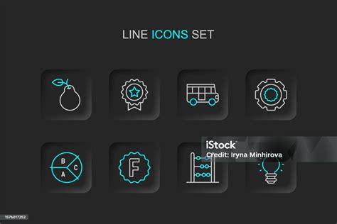 라인 설정 크리에이티브 램프 조명 아이디어 주판 오답이 있는 시험지 파이 차트 인포그래픽 기어 스쿨 버스 메달 스타 및 배 아이콘 벡터 계산기에 대한 스톡 벡터 아트 및
