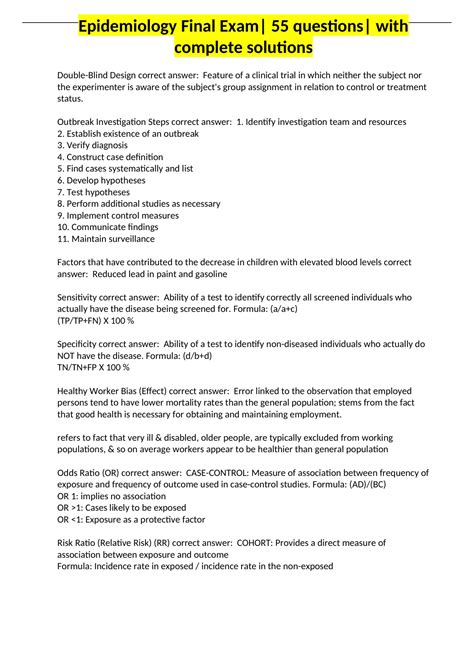 Epidemiology Final Exam 55 Questions With Complete Solutions Epidemiology Stuvia Us