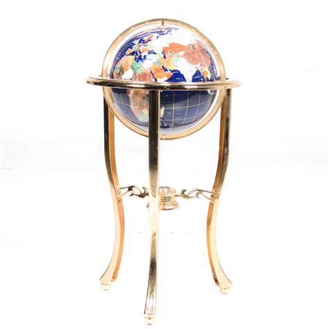 Lapis Lazuli And Gemstone Inlay World Globe With Brass Floor Stand Ebth