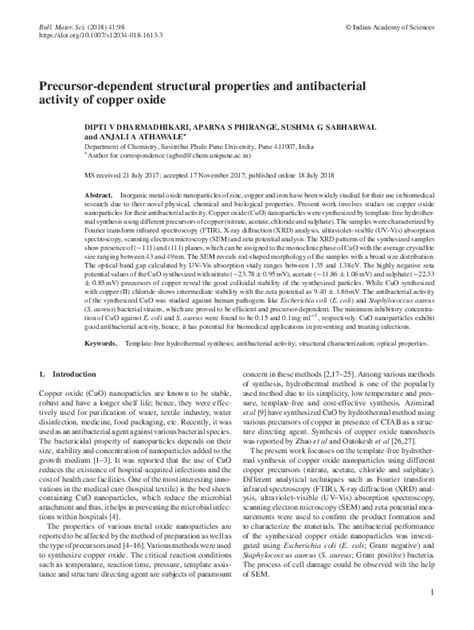 Pdf Precursor Dependent Structural Properties And Antibacterial Activity Of Copper Oxide