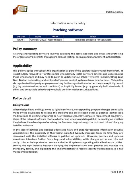 Free Secaware Isms Template Policy On Patching Software Pdf