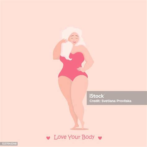 행복한 포즈 플러스 크기 소녀 행복한 몸 긍정적 인 개념 다른 것이 아름답습니다 매력적인 과체중 여성 여성 만화 캐릭터 몸의 긍정적 인 움직임과 아름다움의 다양성 벡터