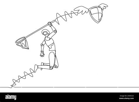 Continuous One Line Drawing Robot Try To Catching Flying Shield With Butterfly Net Expensive