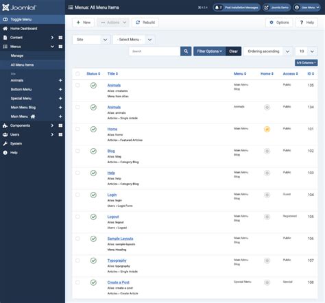 Menu Items Joomla Documentation