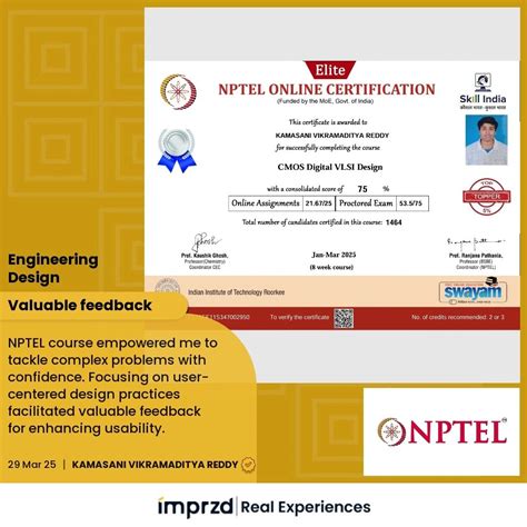 Nptel Cmos Vlsi Design Course Completed K Vikramaditya Reddy