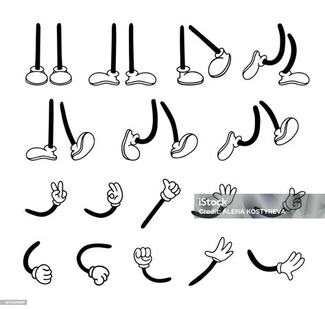 장갑을 끼고 복고풍 신발을 신은 발을 만화로 표현한다 애니메이션 신체 캐릭터 부분에 대한 빈티지 재미있는 움직임과 위치 만화에 대한 스톡 벡터 아트 및 기타 이미지 Istock