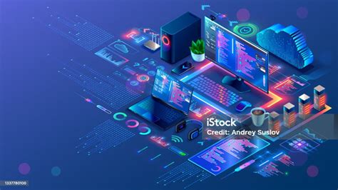 컴퓨터 기술 등대 일러스트레이션 pc 노트북 책상에 전화 기술 기호 애플 리 케이 션의 디자인 요소 모바일의 프로그래밍