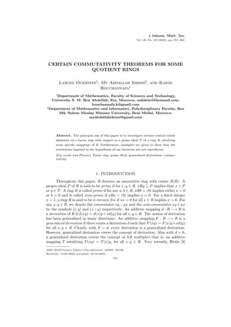 PDF Certain Commutativity Theorems For Some Quotient Rings