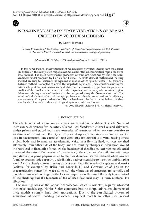 Pdf Non Linear Steady State Vibrations Of Beams Excited By Vortex Shedding