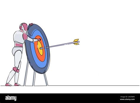 Single Continuous Line Drawing Robots Hugging Huge Target With Arrow On Target Modern Robotics