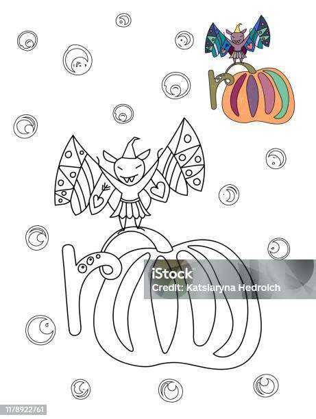 할로윈벡터 장식 일러스트레이션 어린이를위한 흑백 색칠 공부 책 위치 색칠하기위한 개요 이미지가 포함되어 있습니다 재미 멋진 귀여운 박쥐 열린 날개 이상한 호박과 한 눈 0