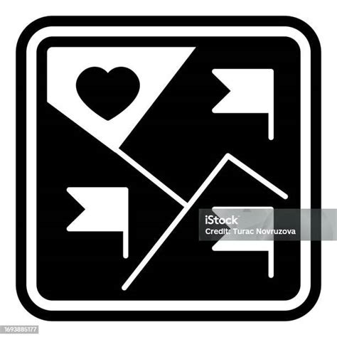 깃발과 심장이 있는 정사각형 도시 지도 좋은 장소의 태그 단단한 아이콘 도시 개념 흰색 배경에 날짜 벡터 기호 글리프 스타일 아이콘 모바일 개념 웹 디자인 벡터 그래픽 검은