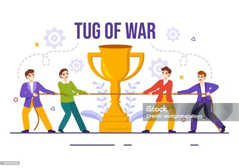 줄다리기 벡터 일러스트레이션 플랫 만화 손으로 그린 배경 템플릿에서 비즈니스 경쟁에 밧줄의 반대쪽 끝을 당기는 사람들 줄다리기에 대한 스톡 벡터 아트 및 기타 이미지