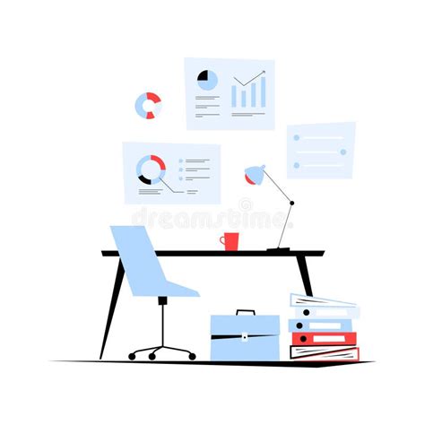 Office Desk With Chair Documents And Analytics Reports In Flat Vector Illustration Symbolizing
