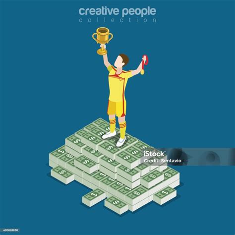 트로피와 메달 벡터 일러스트 레이 션과 돈 힙 위에 평면 아이소메트릭 축구 선수 스포츠 3d 아이소메트리 이미지 이익 임금 가격 부와 전문가 개념의 가치 등측투영법에 대한