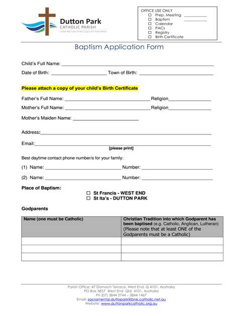 Fillable Online Baptism Application Form Dutton Park Catholic Fax