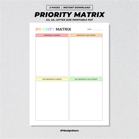 Priority Matrix Printable Decision Matrix Daily Productivity Planner Task Organizer Urgent