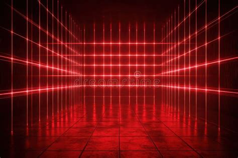 Visual Representation Of A Futuristic Red Grid Room With Glowing Lines