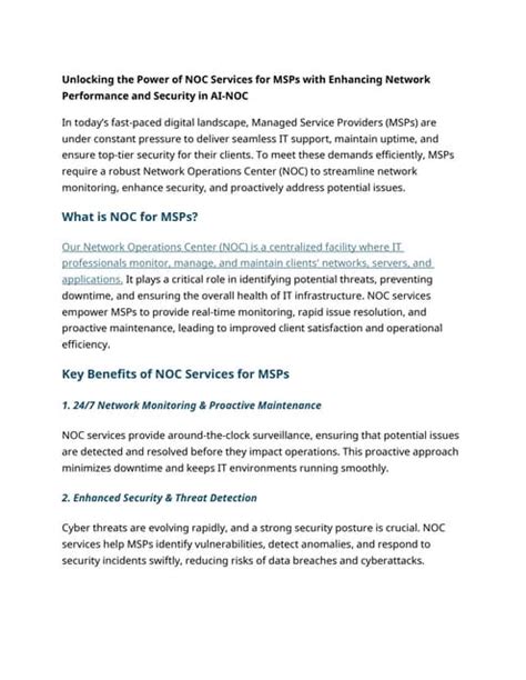 Unlocking The Power Of Noc Services For Msps With Enhancing Network Performance And Security In