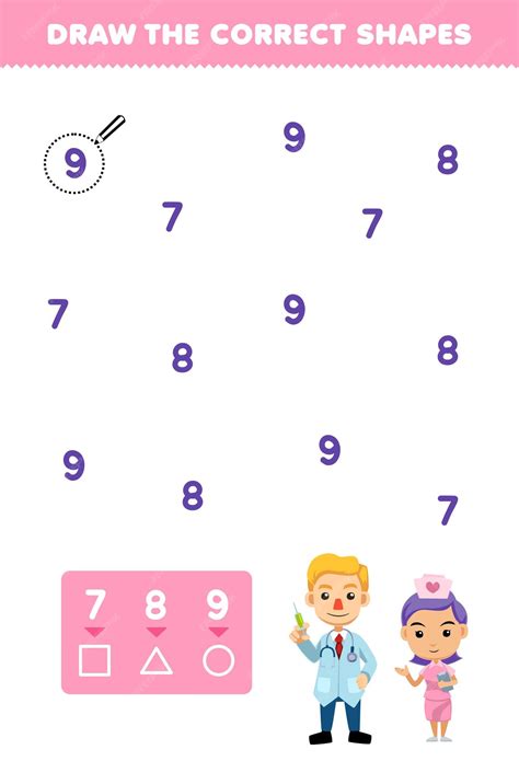 어린이를 위한 교육 게임은 귀여운 만화 의사와 간호사가 인쇄 가능한 직업 워크시트의 수에 따라 올바른 모양을 그리는 데 도움을 줍니다 프리미엄 벡터