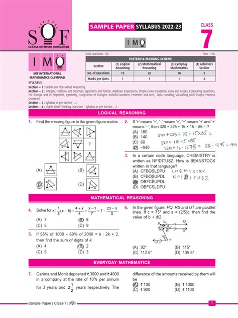 Imo Sample Paper Class 7 Download Free Pdf Ratio Mathematics
