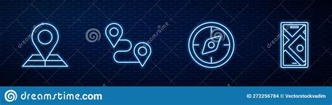 Set Line Compass Folded Map With Location Marker Route And City Navigation Glowing Neon Icon