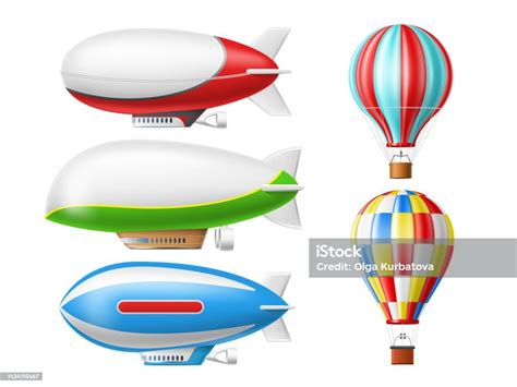 Dirigible 및 열기구 현실적인 복고풍 항공 개체 3d 고립 된 제플린 비행선 다채로운 하늘 빈티지 운송 항공 여행 비행 에어로스탯 3d 요소 전체 벡터 세트 3차원