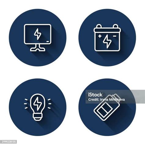 스마트 Tv 자동차 배터리 크리 에이 티브 램프 조명 아이디어 및 긴 그림자가있는 배터리 충전을 설정하십시오 파란색 원 버튼 벡터 개념에 대한 스톡 벡터 아트 및 기타