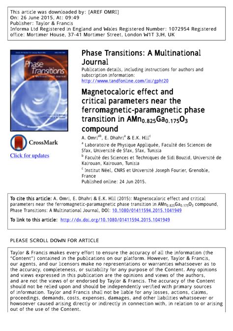 Pdf Magnetocaloric Effect And Critical Parameters Near The Ferromagnetic Paramagnetic Phase